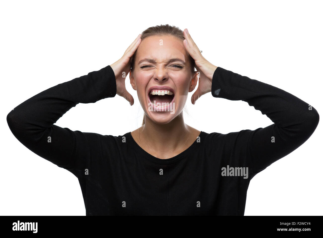 Portrait of stressed woman on white background Stock Photo - Alamy