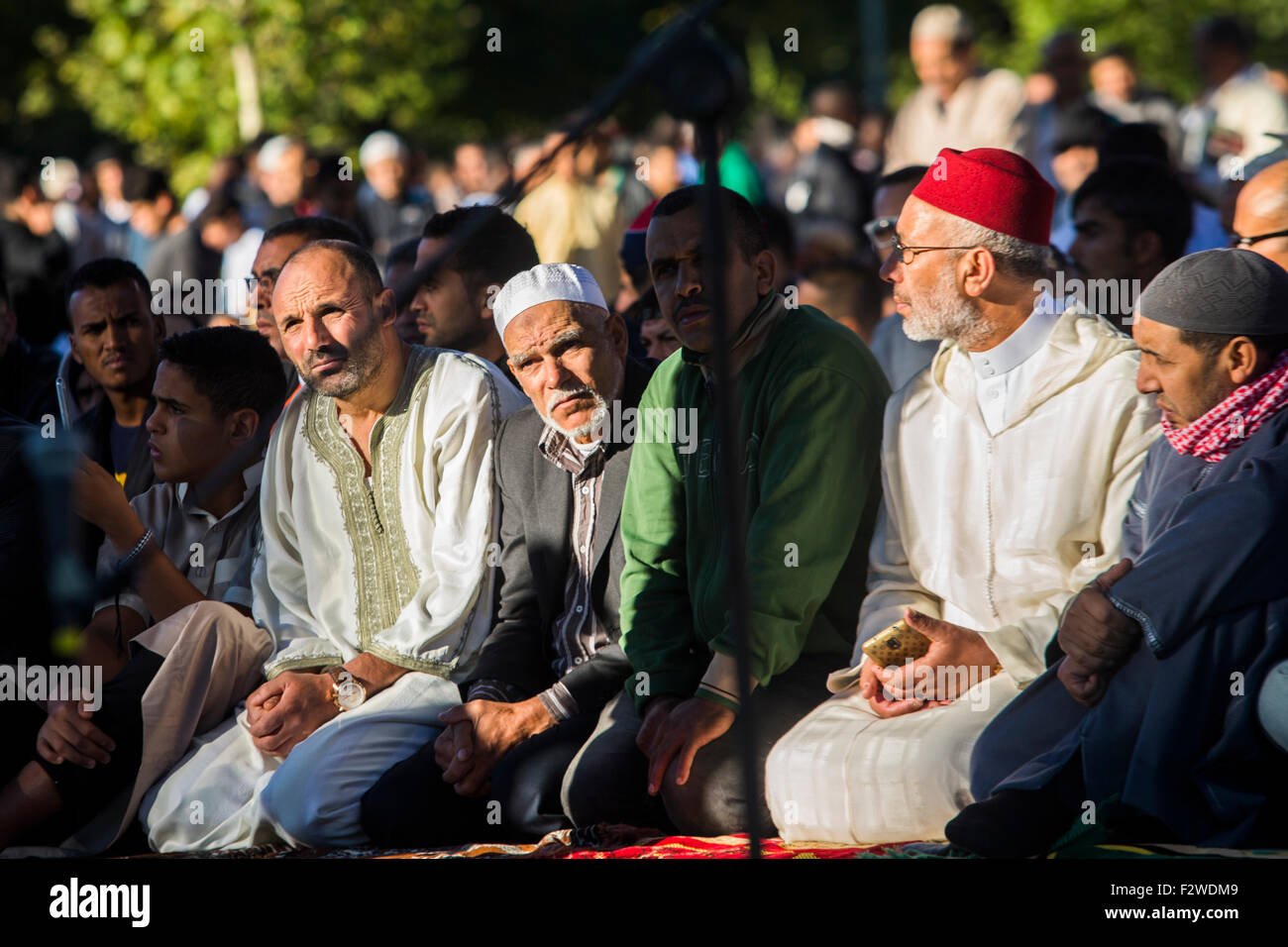 Turin, Italy. 24th Sep, 2015. Muslims devotees pray during the "Eid al ...