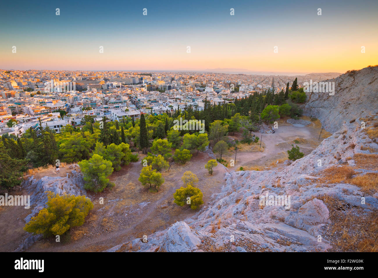 Evening view of Athens from Filopappou hill, Greece Stock Photo - Alamy