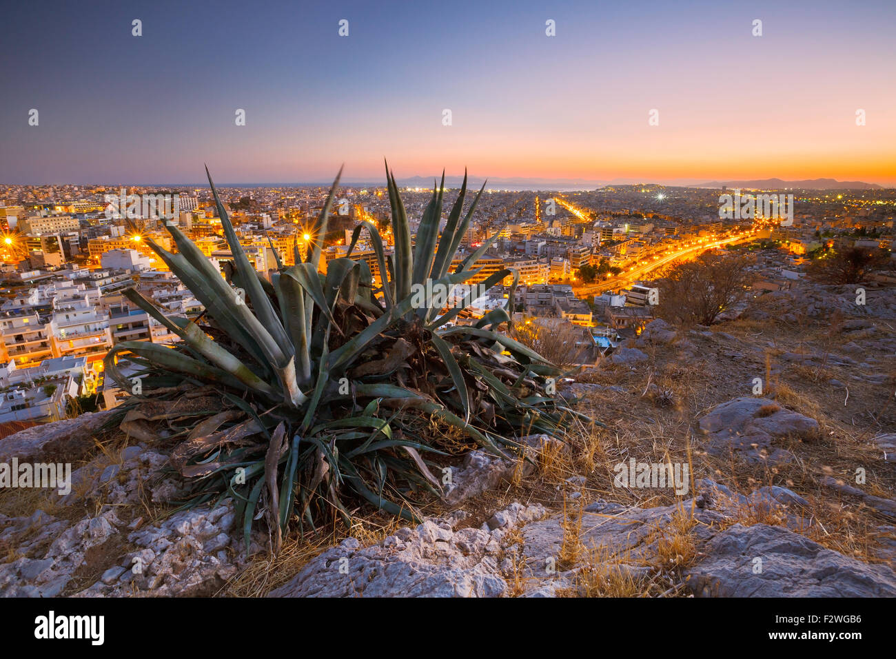 Evening view of Athens from Filopappou hill, Greece Stock Photo - Alamy