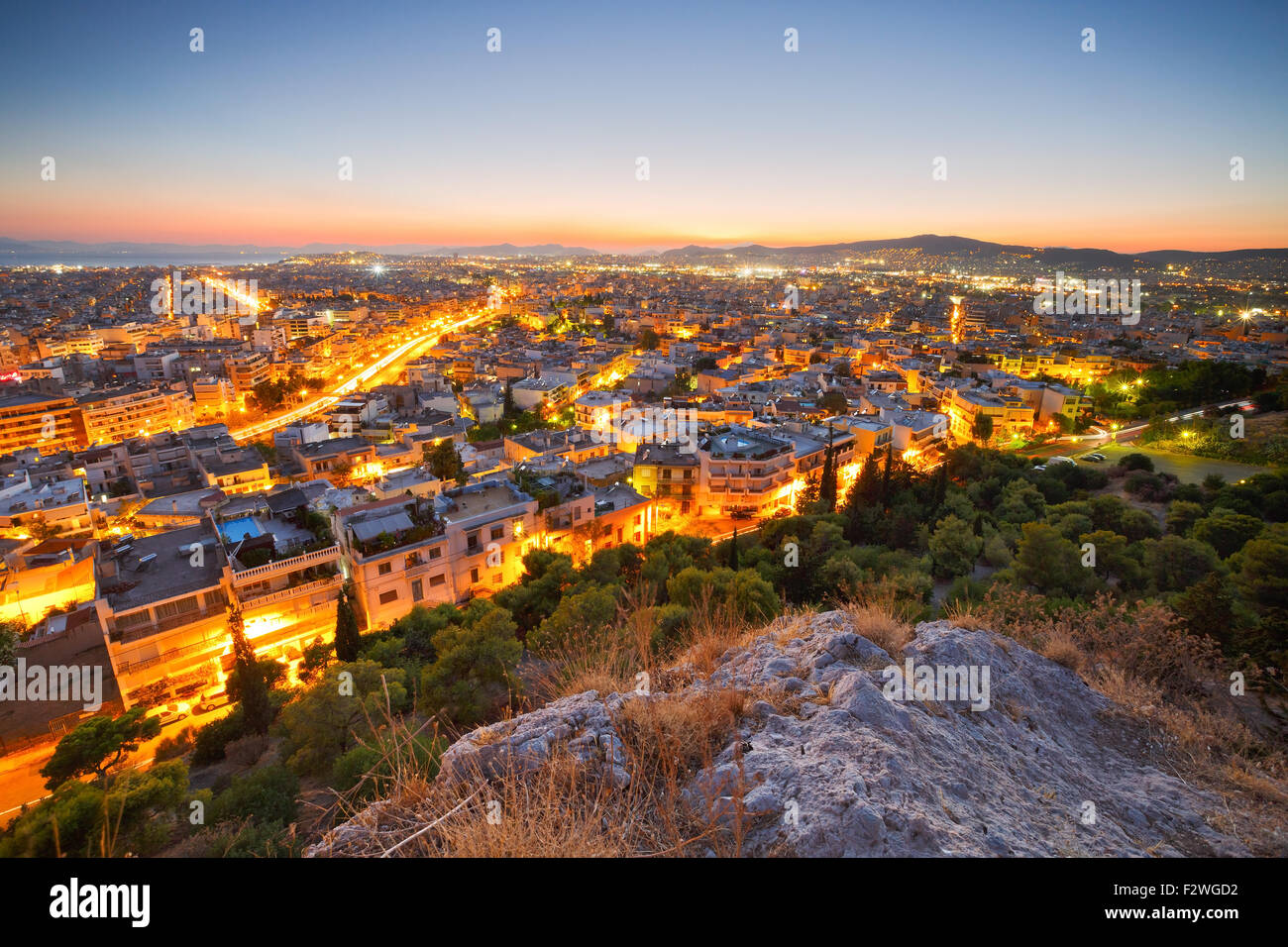 Evening view of Athens from Filopappou hill, Greece Stock Photo - Alamy
