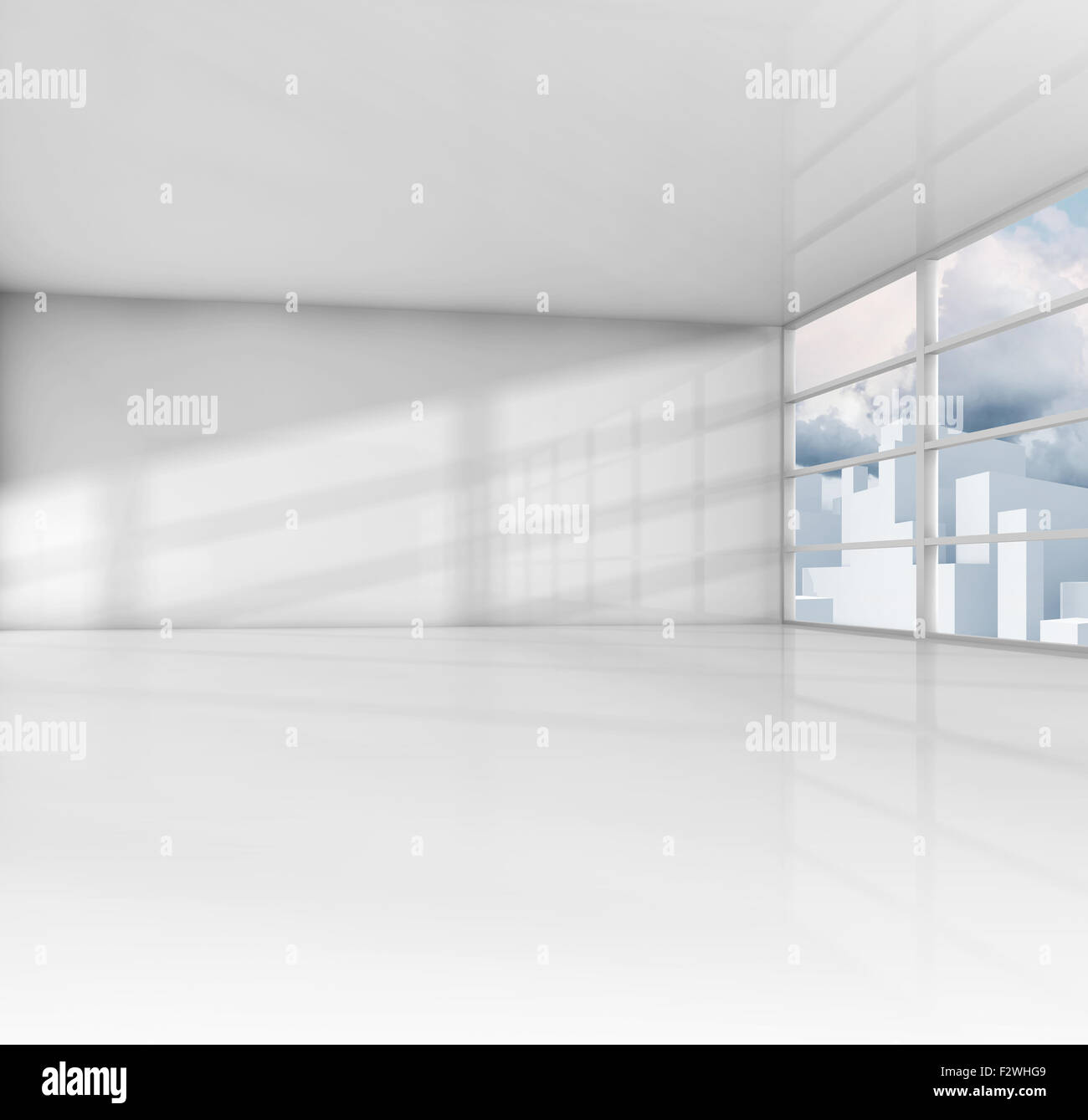 Abstract white interior, empty office room with modern cityscape ...