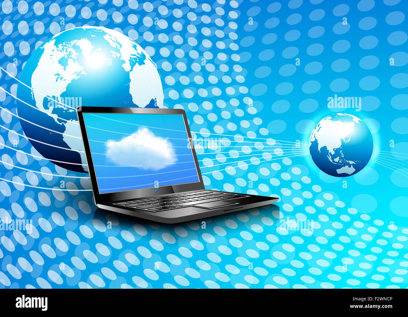 Data Laptop, Wifi, Cloud, Communication Background - Binary Code Technology Stream with Globe ...