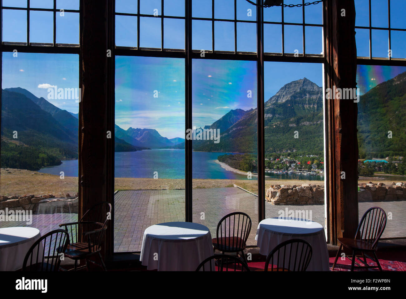 View over Upper Waterton Lake seen through window of the Prince of ...