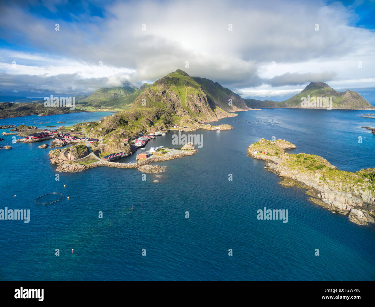 Scenic aerial view of Mortsund, small fishing village on Lofoten in ...