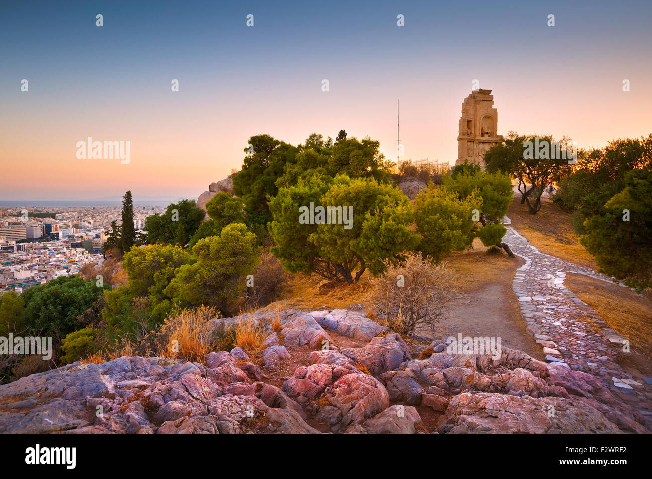 Philopappos Monument and view of Athens from Filopappou hill, Greece ...