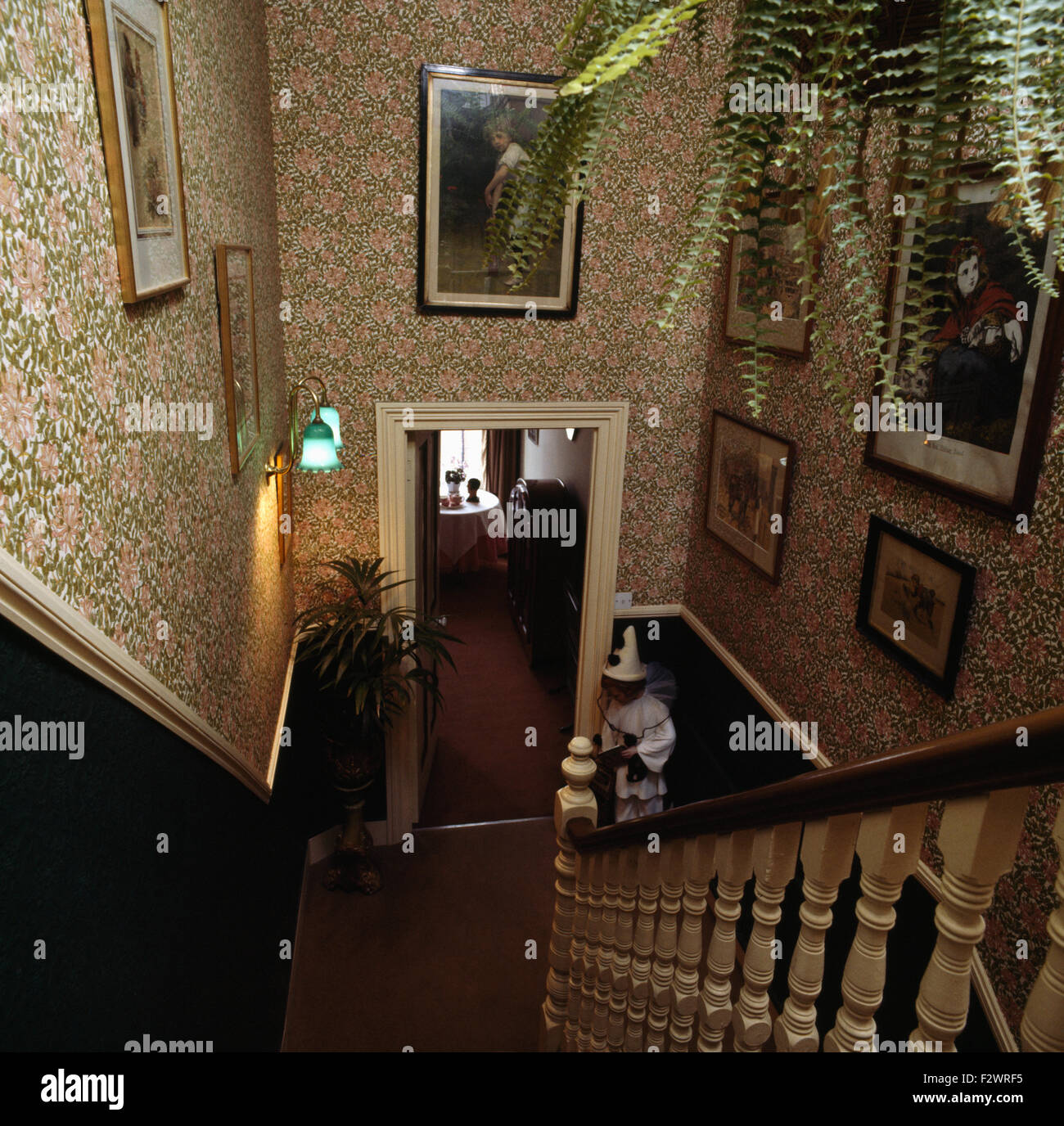 Birds-eye view of Victorian style hall with patterned wallpaper Stock ...