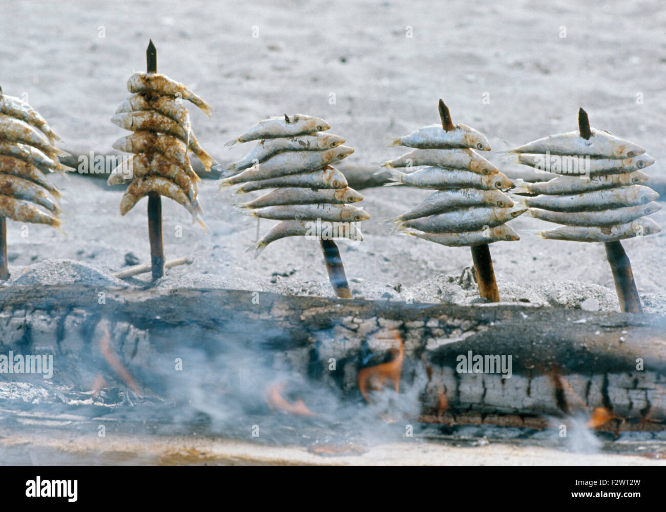 Sardines grilling over wood on a beach Stock Photo - Alamy