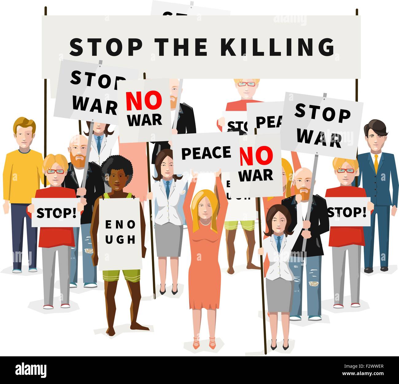 Stop war demonstration, crowd of people with posters, flat illustration ...