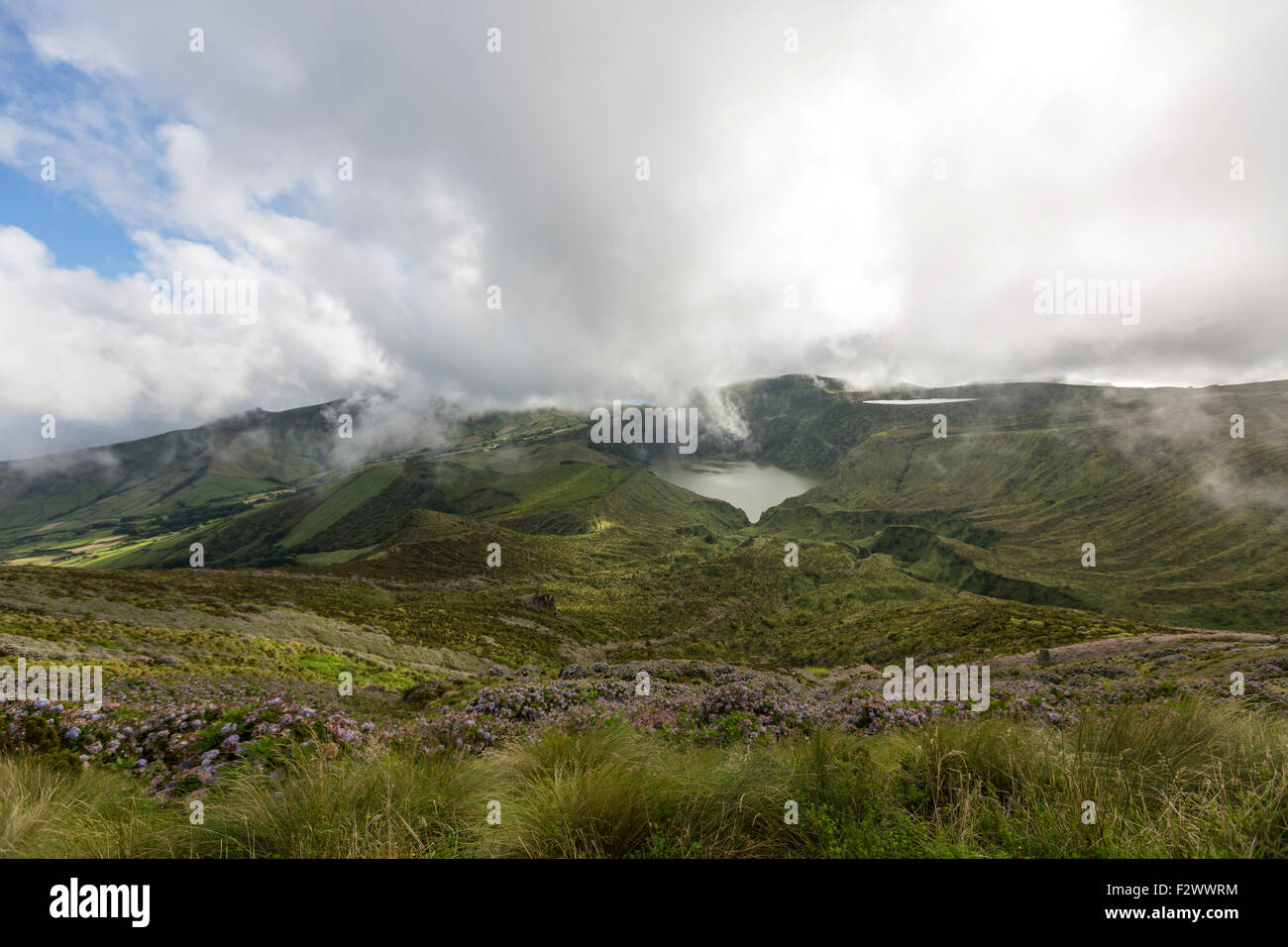 Beautiful Lagoa Funda das Lajes and Lagoa Rasa behind with hydrangea ...