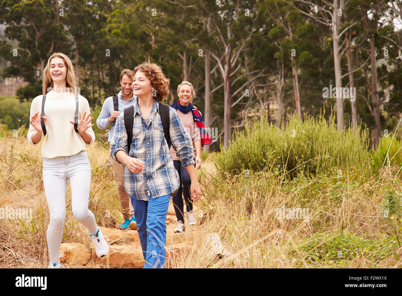 Happy family walking out of a forest Stock Photo - Alamy
