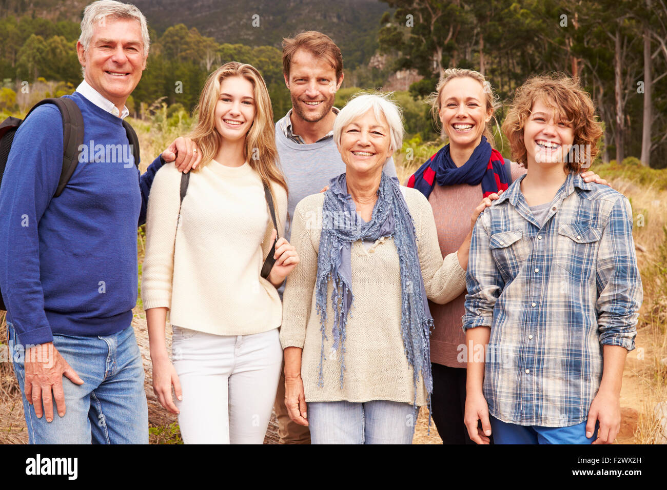 Multi-generation family, outdoor portrait in a forest Stock Photo - Alamy
