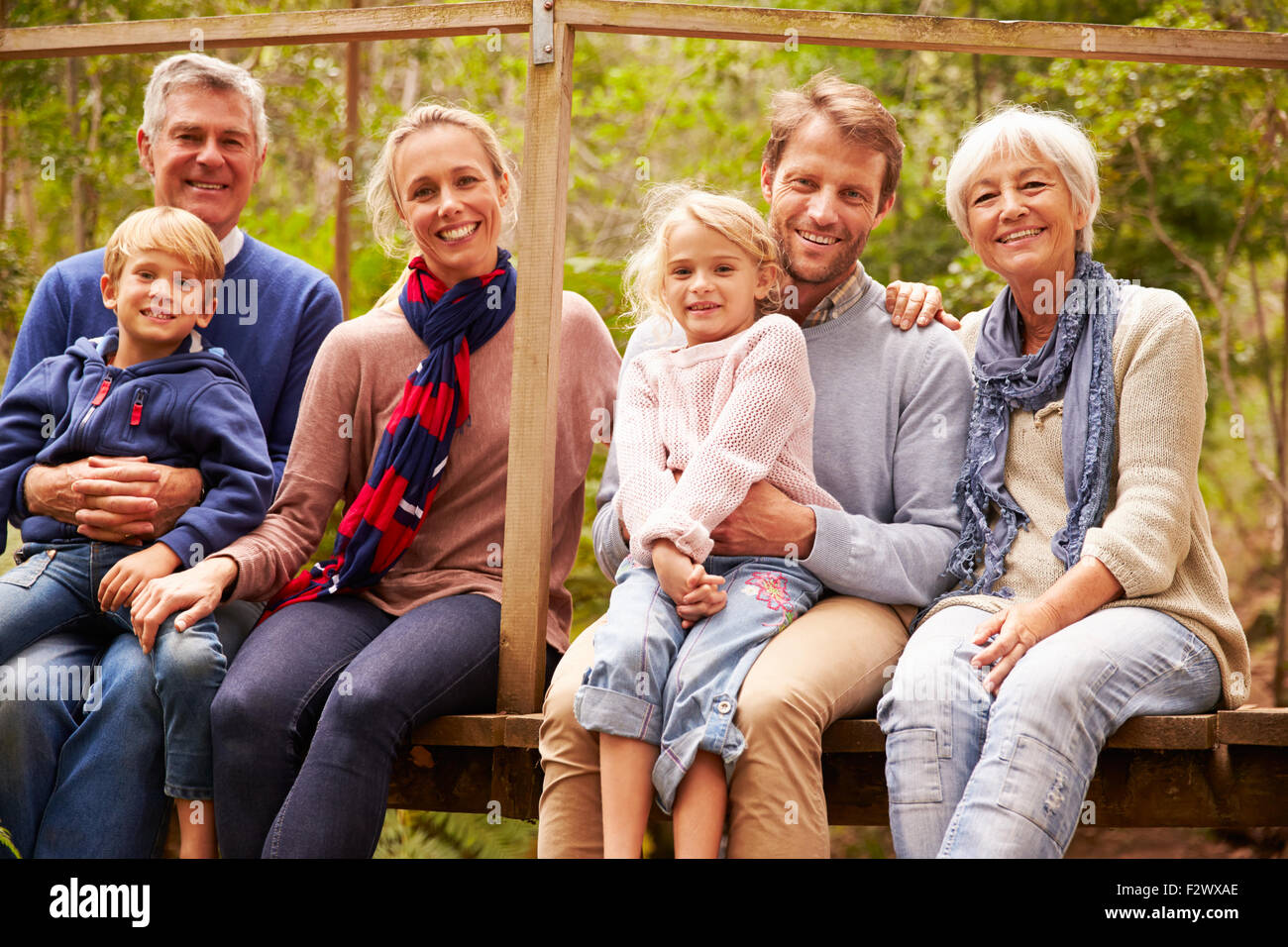 Multi-generation family portrait on a bridge in a forest Stock Photo ...