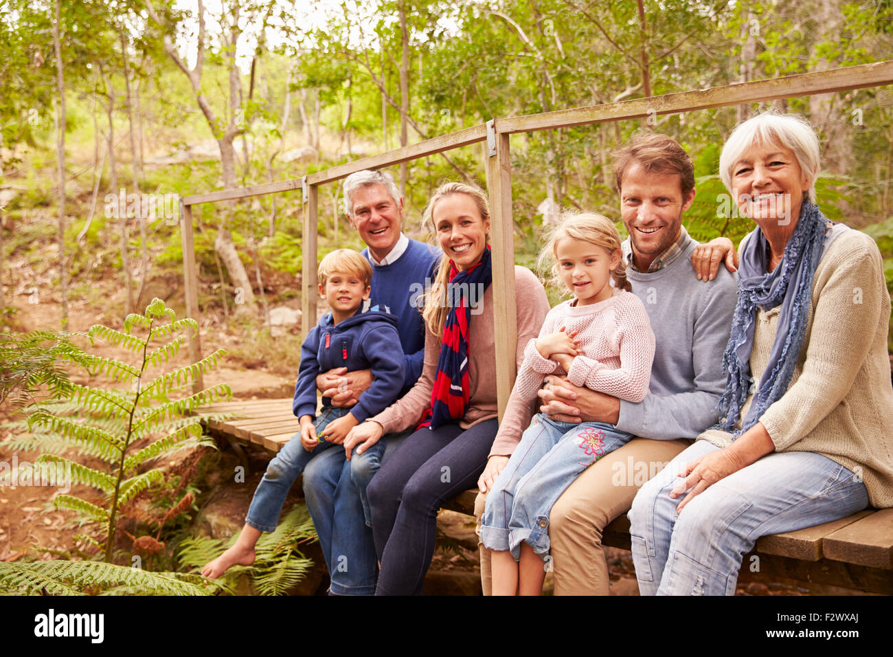 Multi-generation family portrait on a bridge in a forest Stock Photo ...