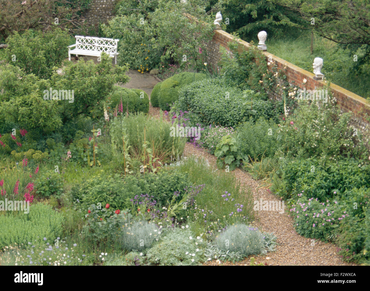 Birds-eye view of herbaceous borders on either side of gravel path to ...