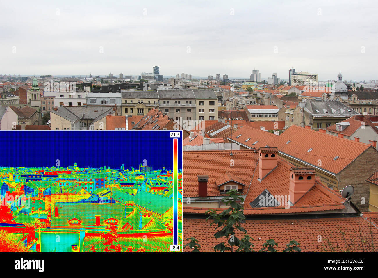 Infrared thermovision image panorama of Zagreb, showing difference ...