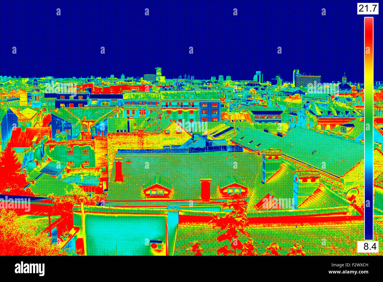 Infrared thermovision image panorama of Zagreb, showing difference ...