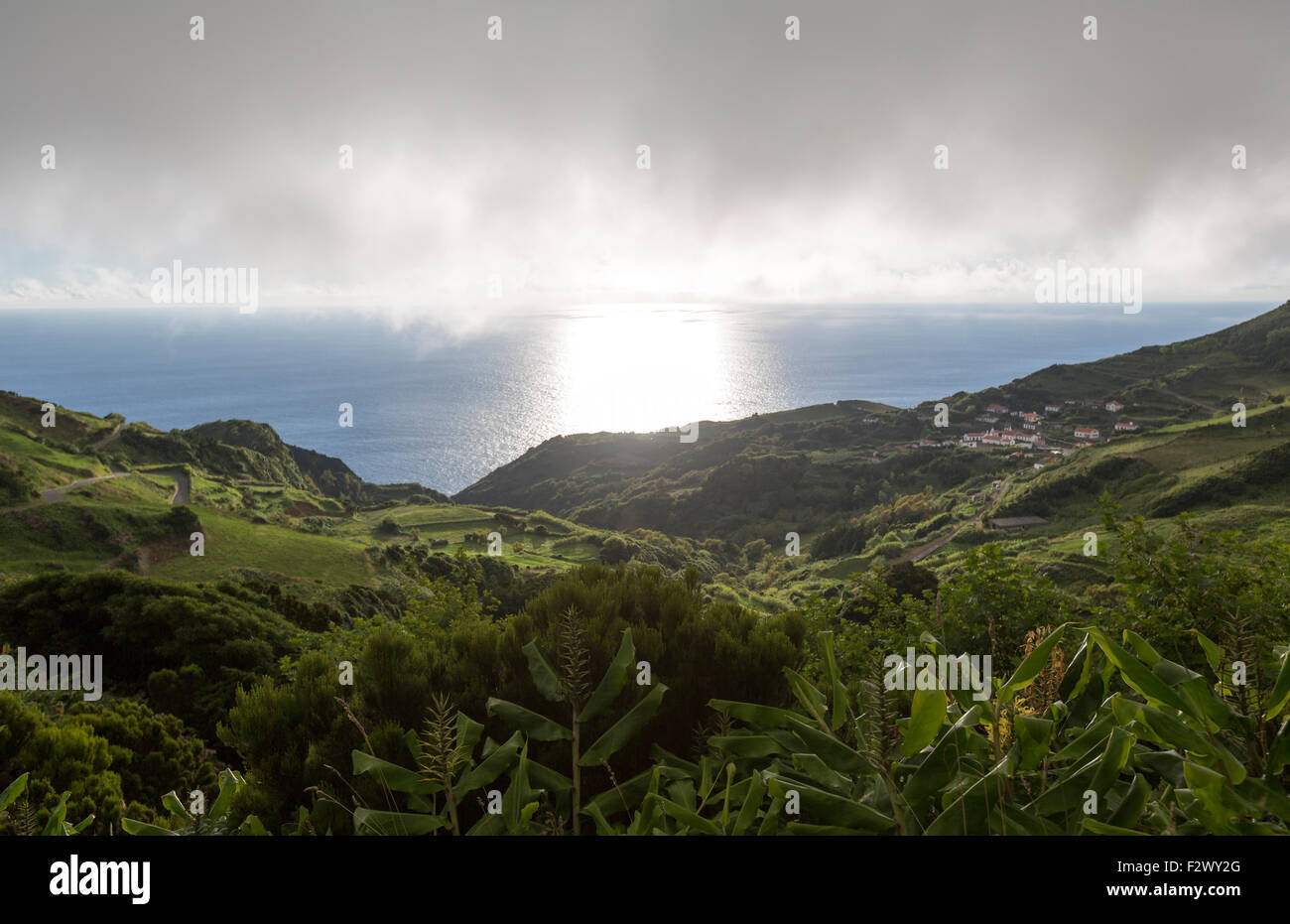 Landscape with Mosteiro village at around sunset, Flores Island, Azores ...
