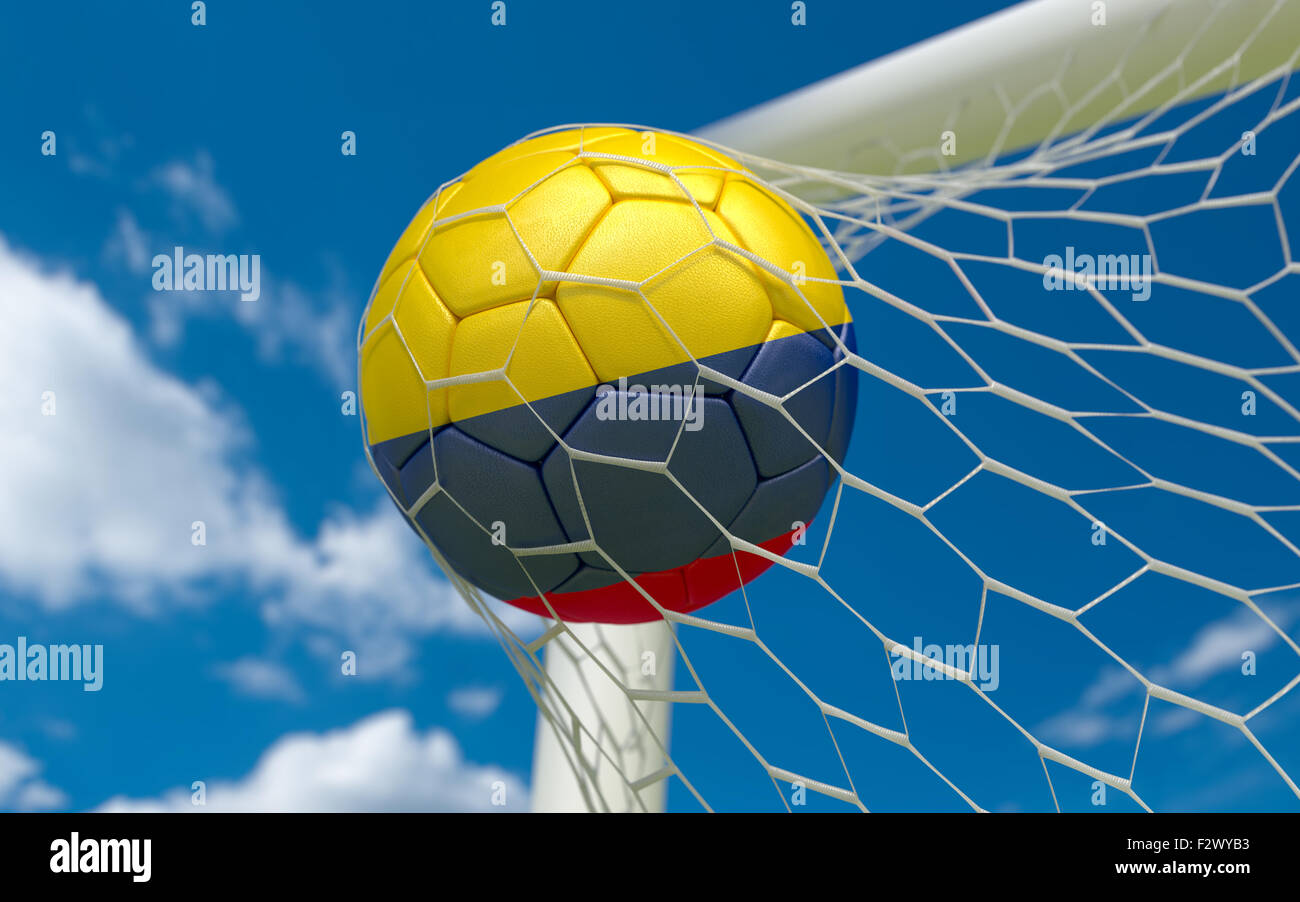 Colombia flag and soccer ball, football in goal net Stock Photo - Alamy