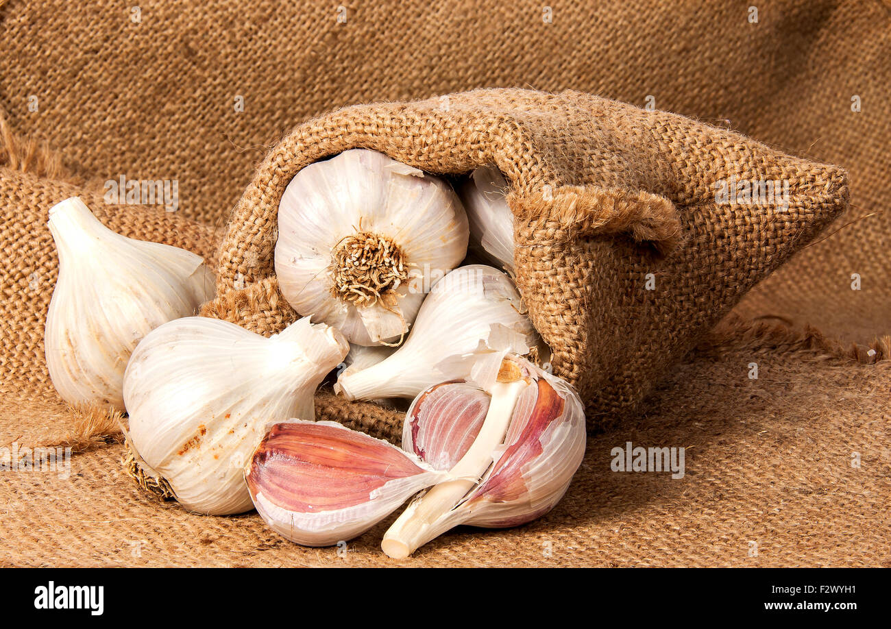 Whole garlic and cloves of garlic in a bag on sacking Stock Photo - Alamy
