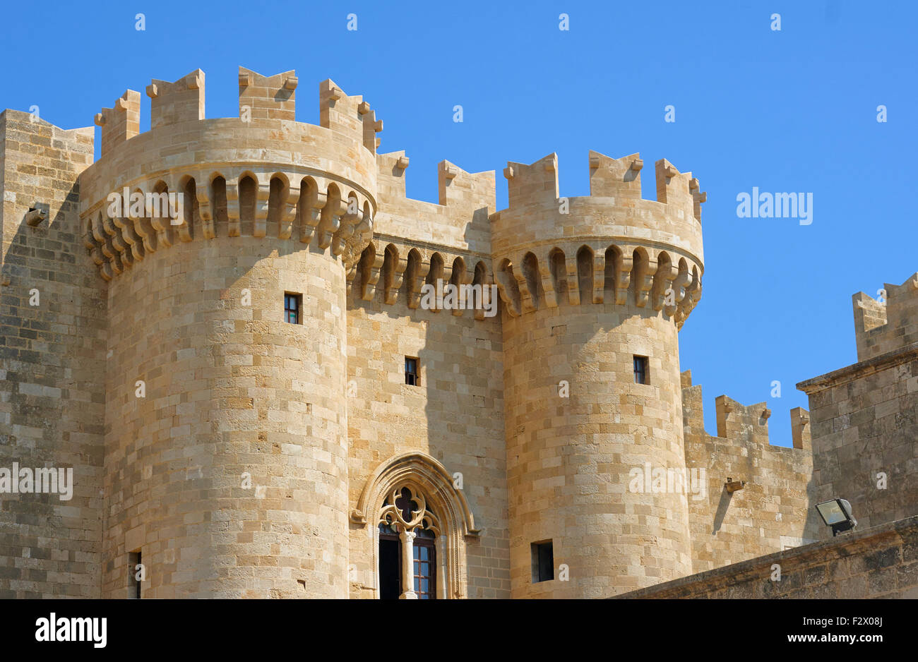 Towers and battlements of the Order of the Knights Castle in Rhodes ...