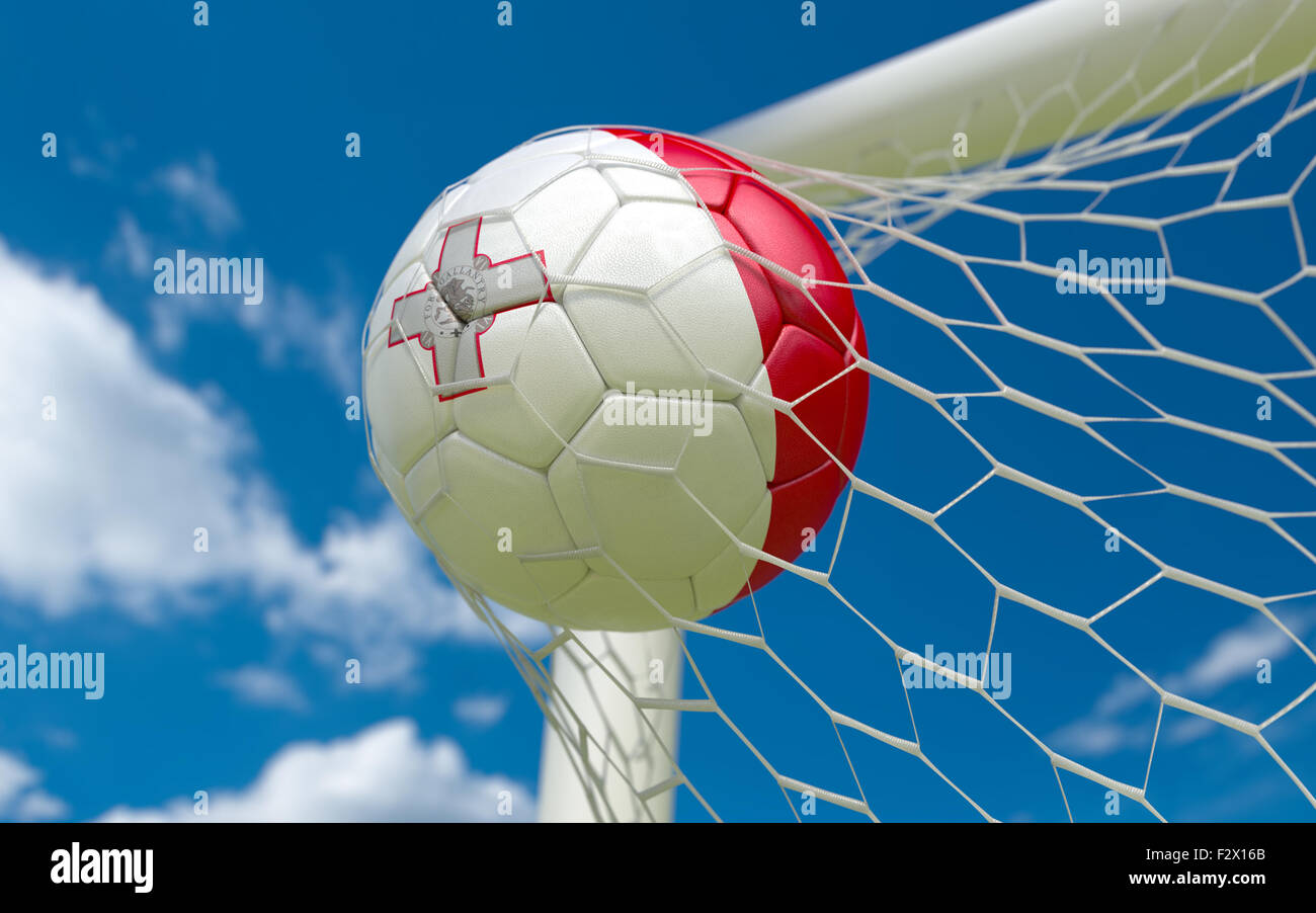 Malta flag and soccer ball, football in goal net Stock Photo - Alamy