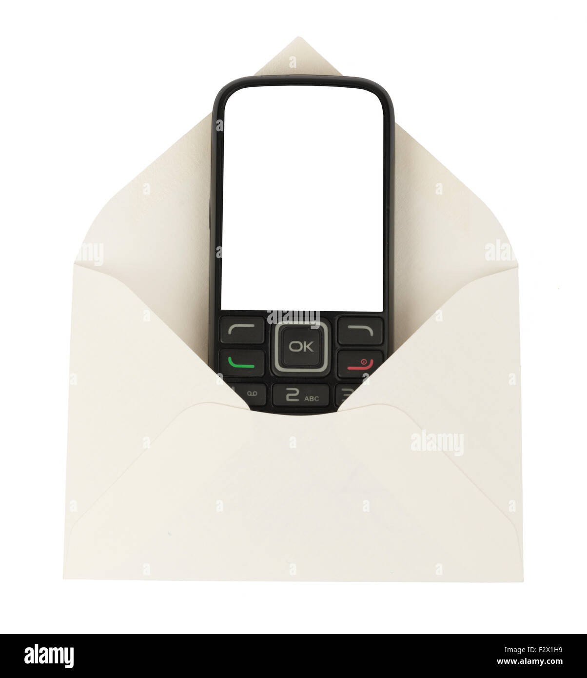 Open white envelope with mobile Stock Photo - Alamy