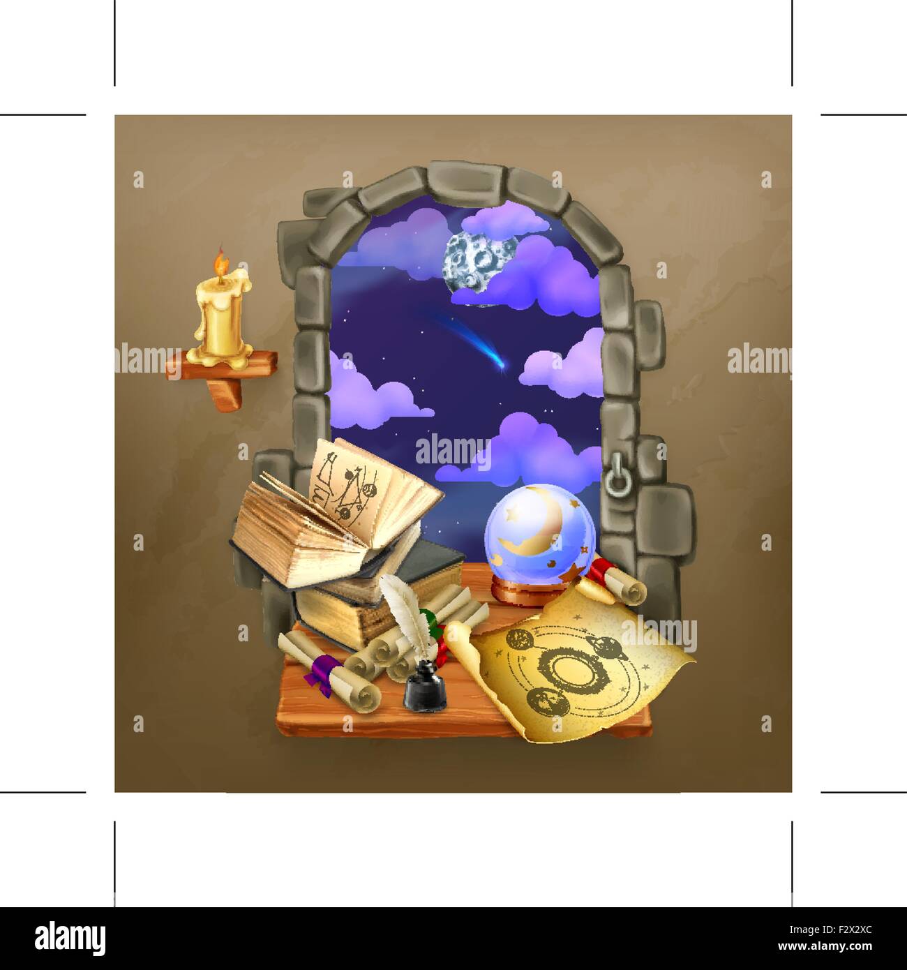 Window in the castle, magic and astrology vector illustration Stock ...