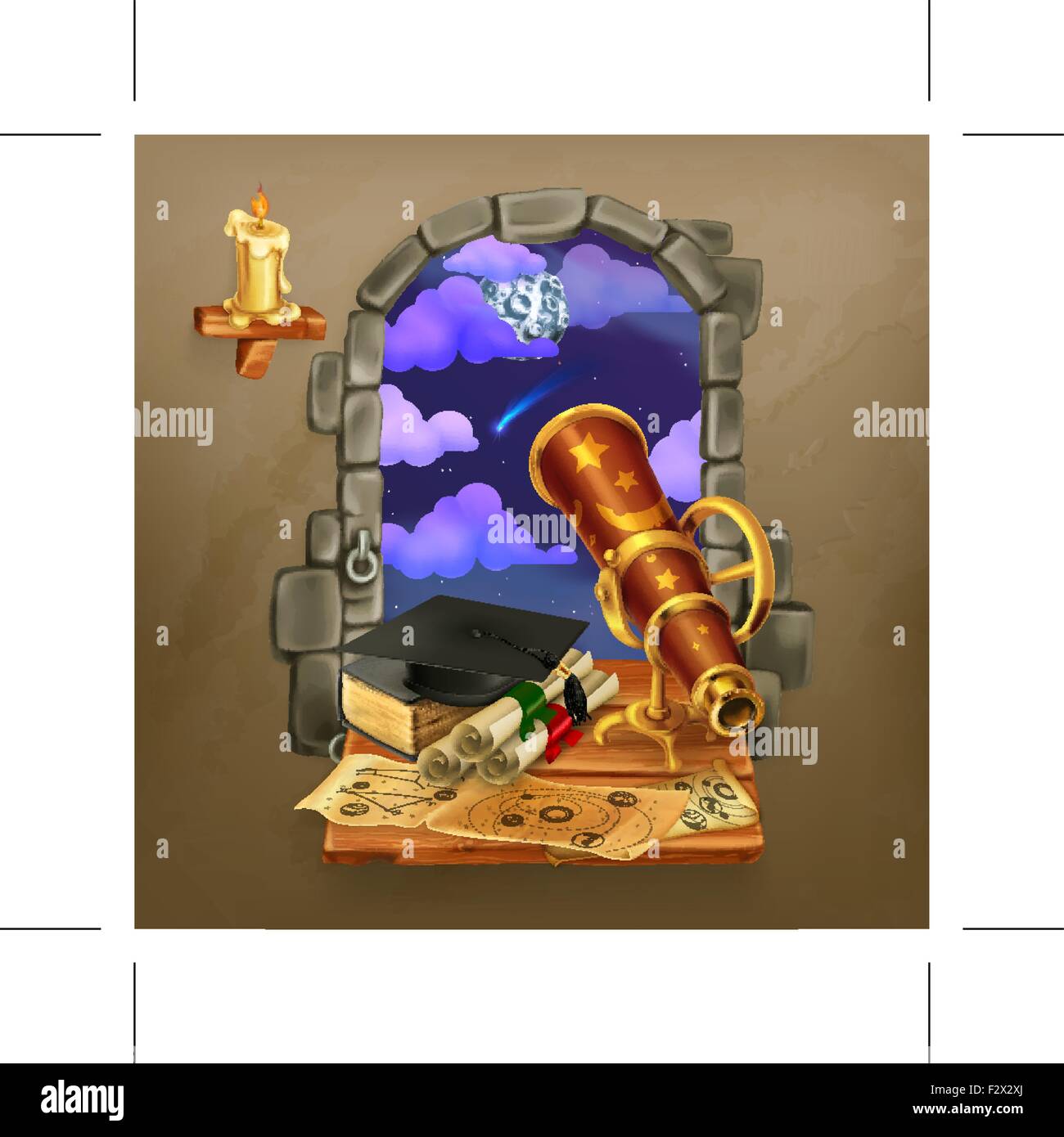 Window in the castle, magic and astrology vector illustration Stock ...