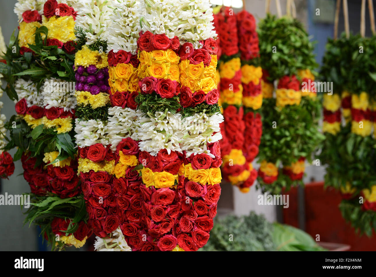 Flower garments sold near a hindu temple in Little India, Singapore ...