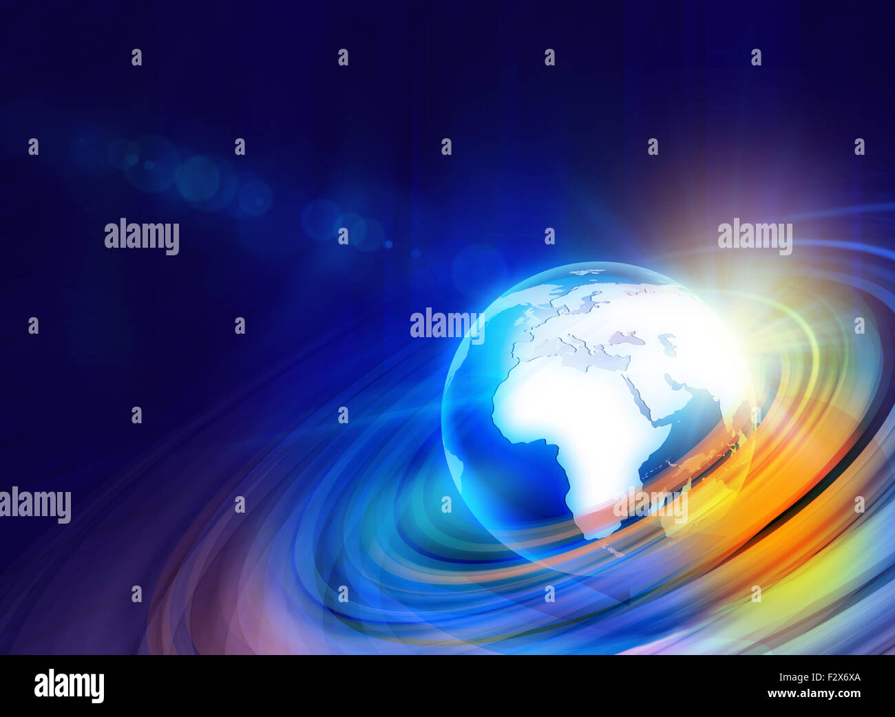Graphical digital world background with earth globe and lens flare ...