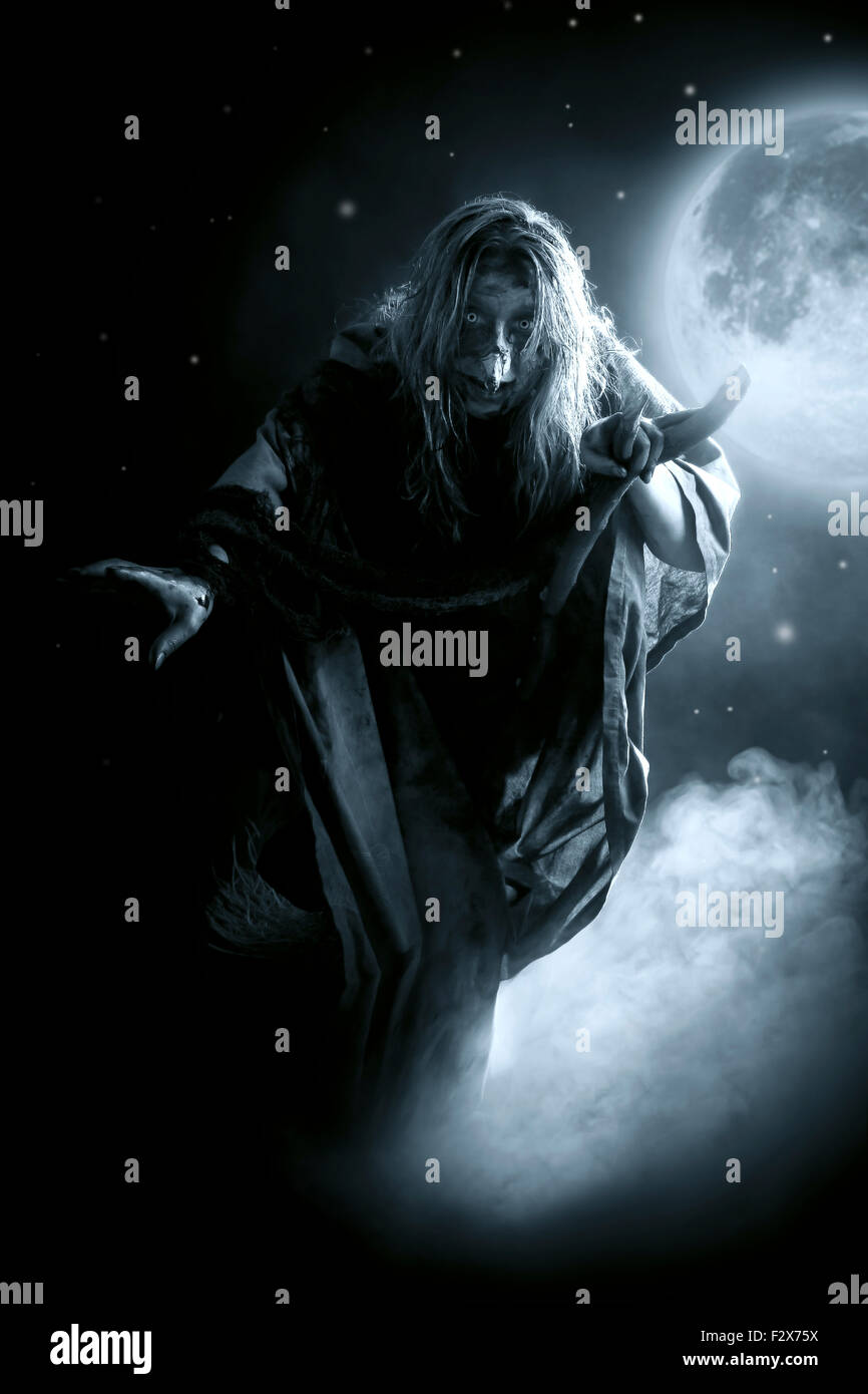 Witch on broom hi-res stock photography and images - Alamy