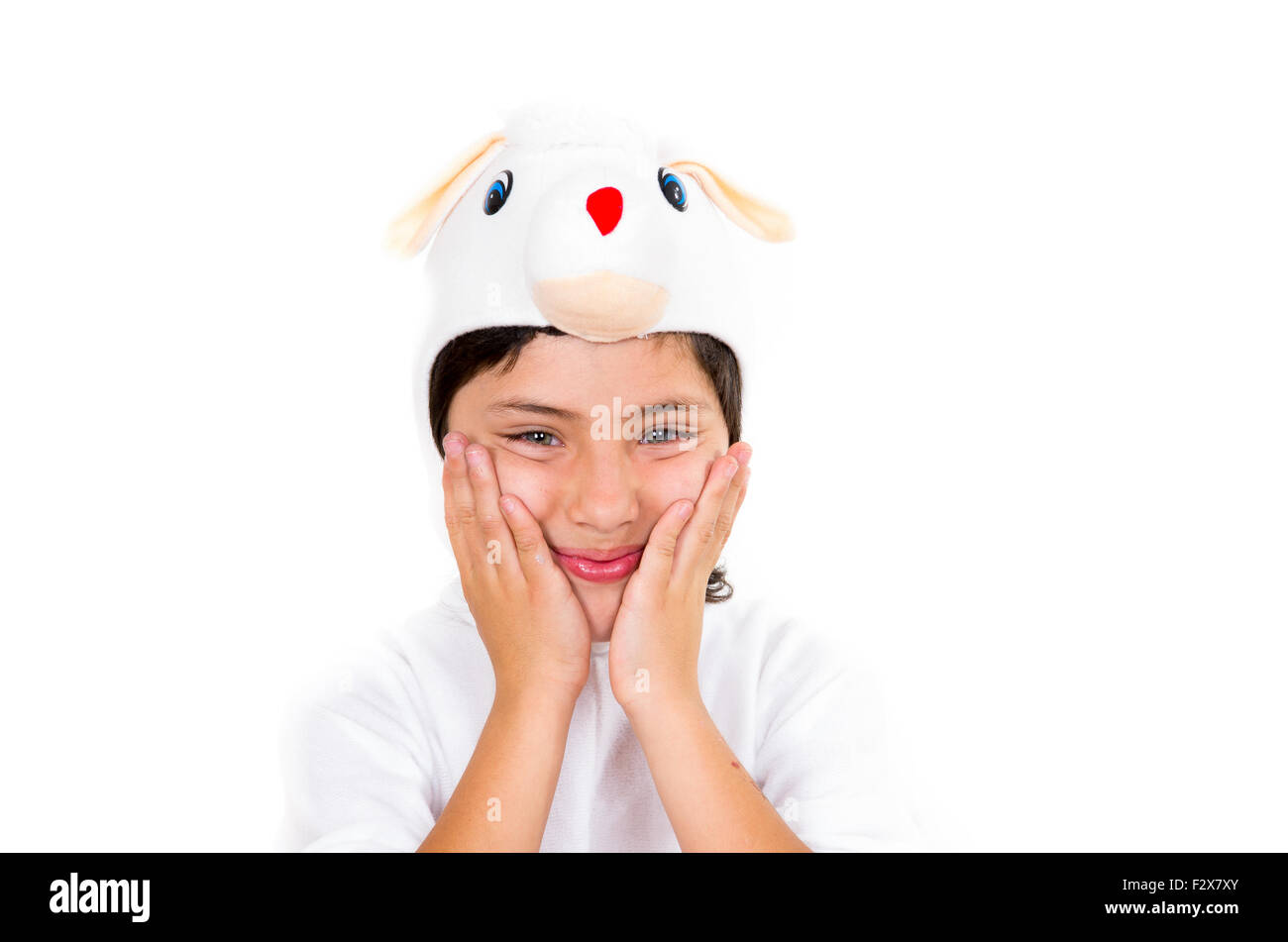 Cute young boy dressed in bunny costume making adorable faces isolated ...
