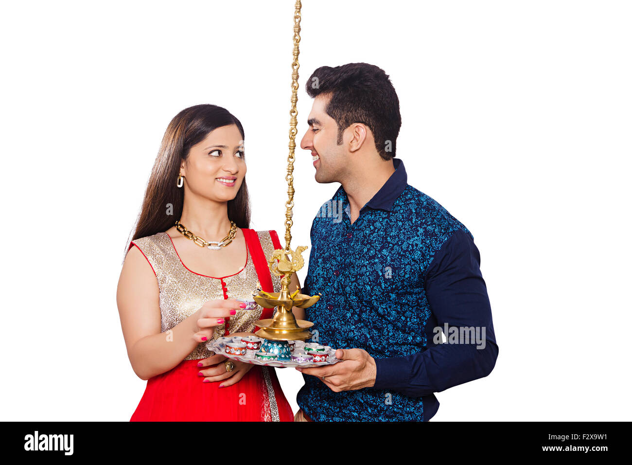 2 indian Married Couple Diwali Festival Plate Diya Worship Stock Photo ...