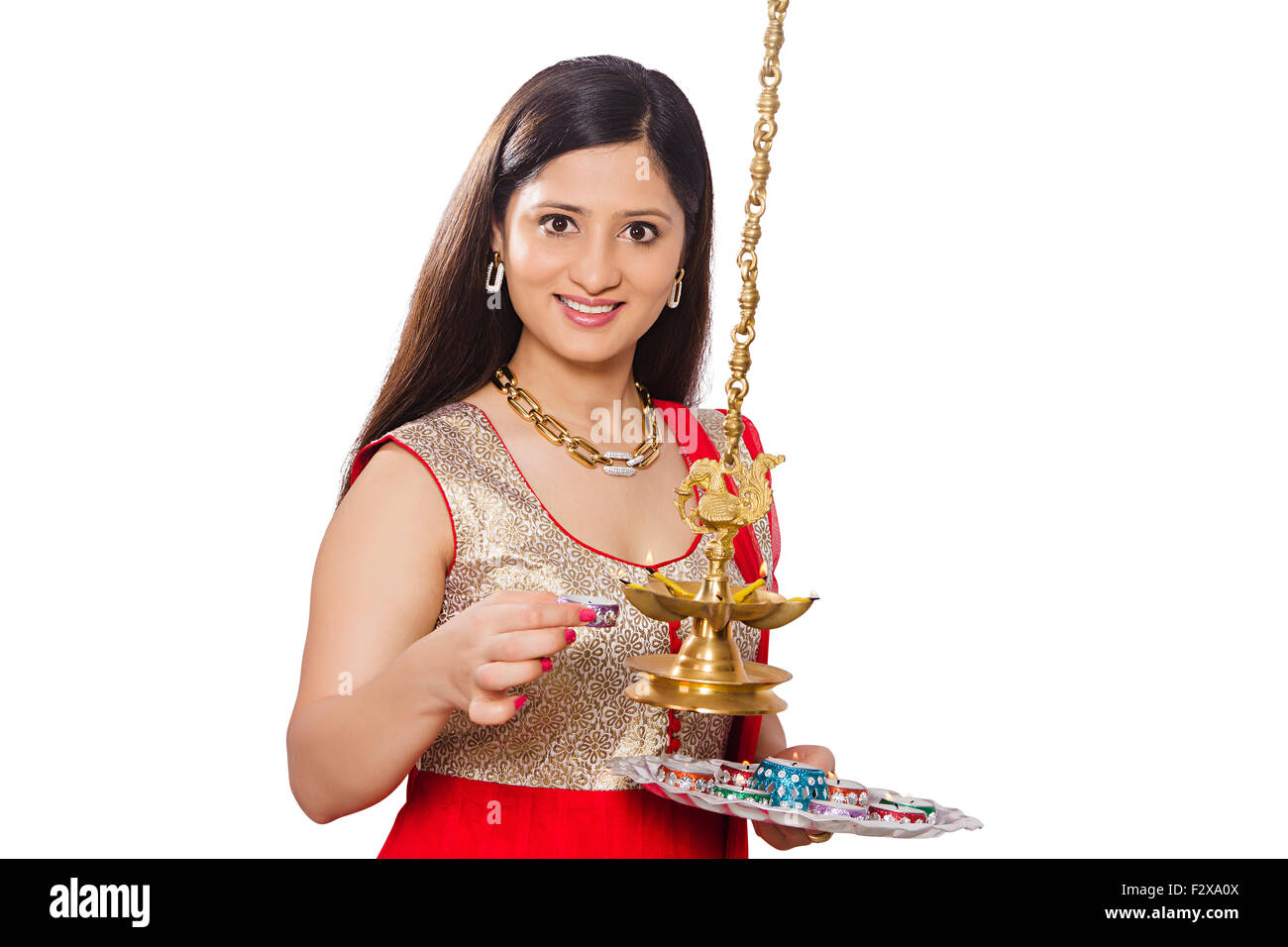 1 indian Adult Woman Diwali Festival Plate Diya Worship Stock Photo - Alamy