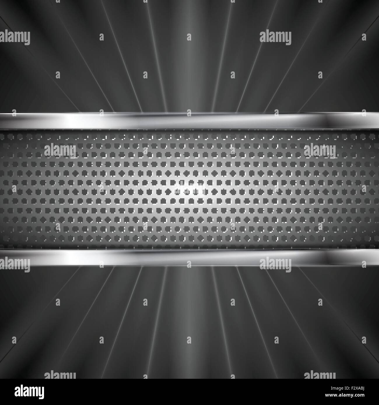 Metallic aluminum perforated banner and dark beams. Vector steel design ...
