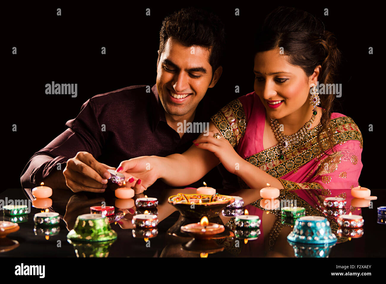 2 indian Married Couple Diwali Festival Decoration Diya Stock Photo - Alamy