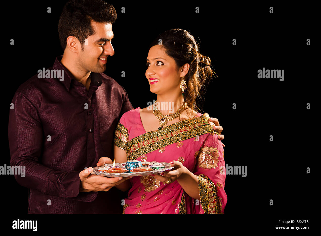 2 indian Married Couple Diwali Festival Plate Diya Worship Stock Photo ...