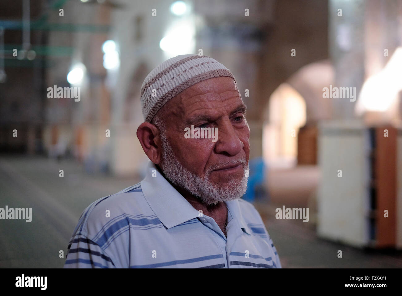 Portrait of the muslim muezzin inside the great mosque of Ramle Ramla ...