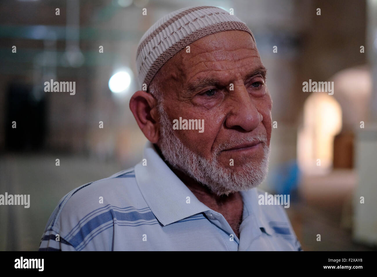 Portrait of the muslim muezzin inside the great mosque of Ramle Ramla ...