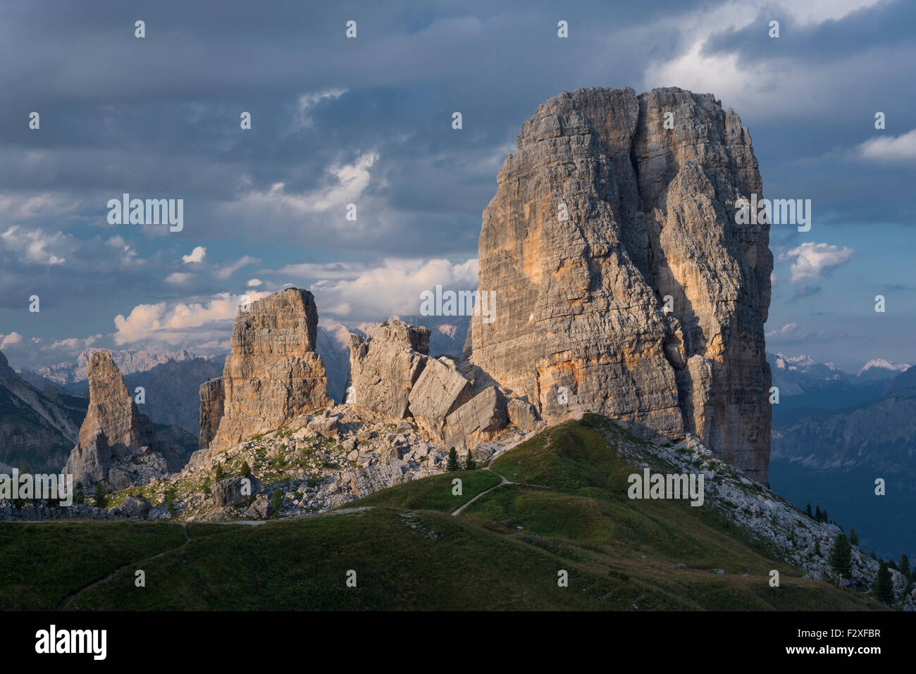 Five towers in the evening light, Cinque Torri, climbing rocks ...