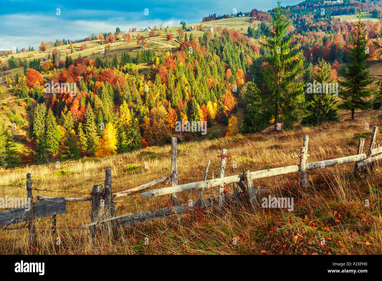 Colorful autumn landscape scene with fence in Transylvania mountain ...