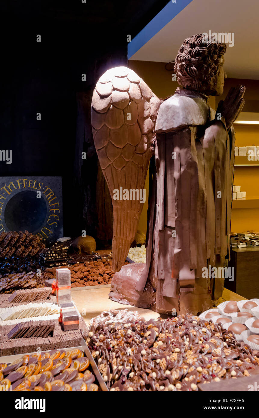 Display of large chocolate angel in a Belgium chocolate shop in Bruges ...