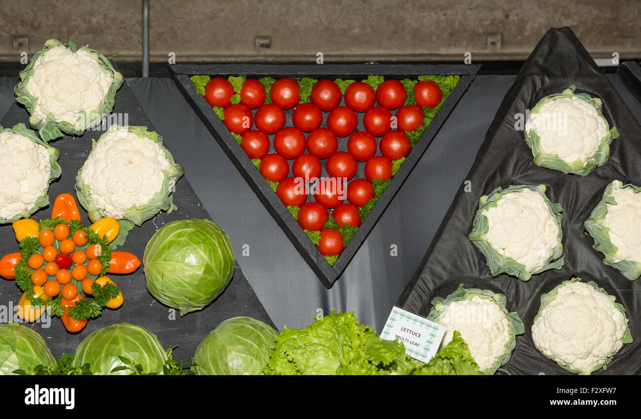 Triangle of vegetables on display Stock Photo - Alamy
