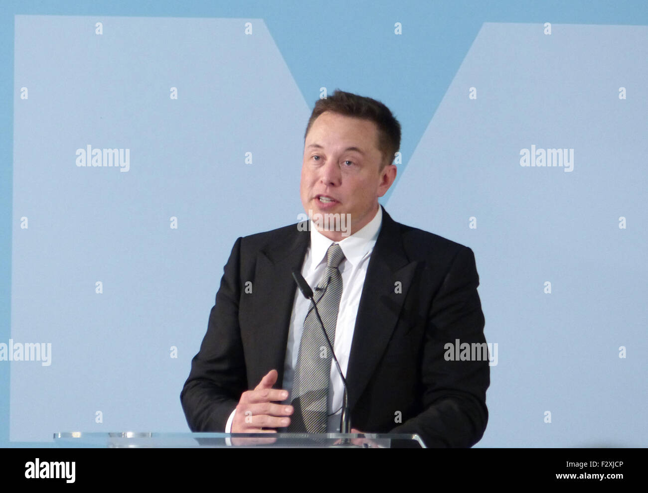 Tesla CEO Elon Musk speaks during a discussion round in the German ...