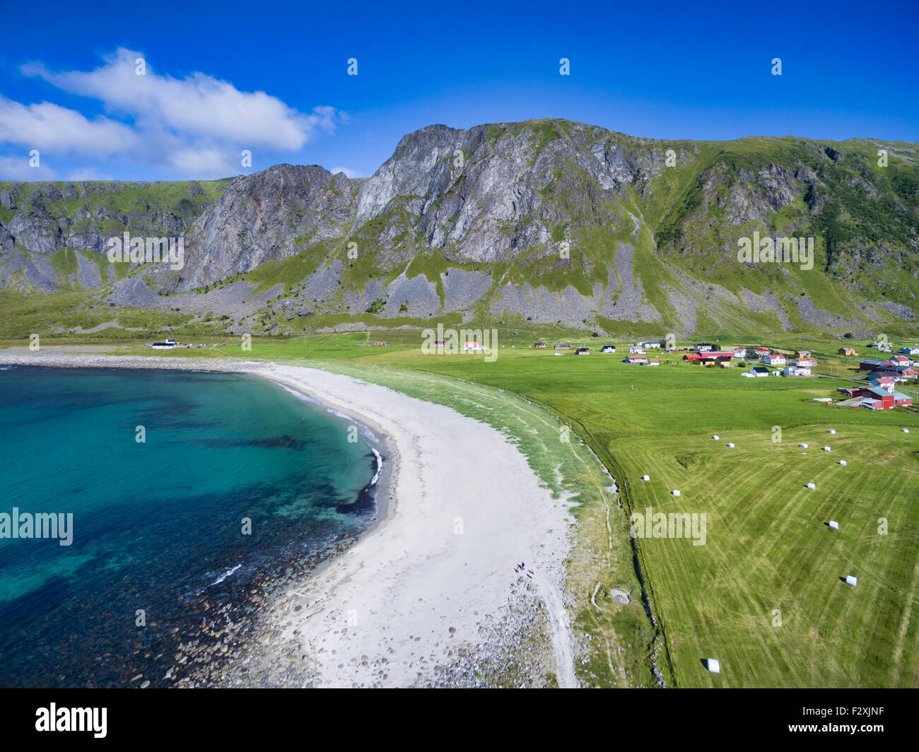 Scenic aerial view of beach in Unstad, one of the best beaches on ...