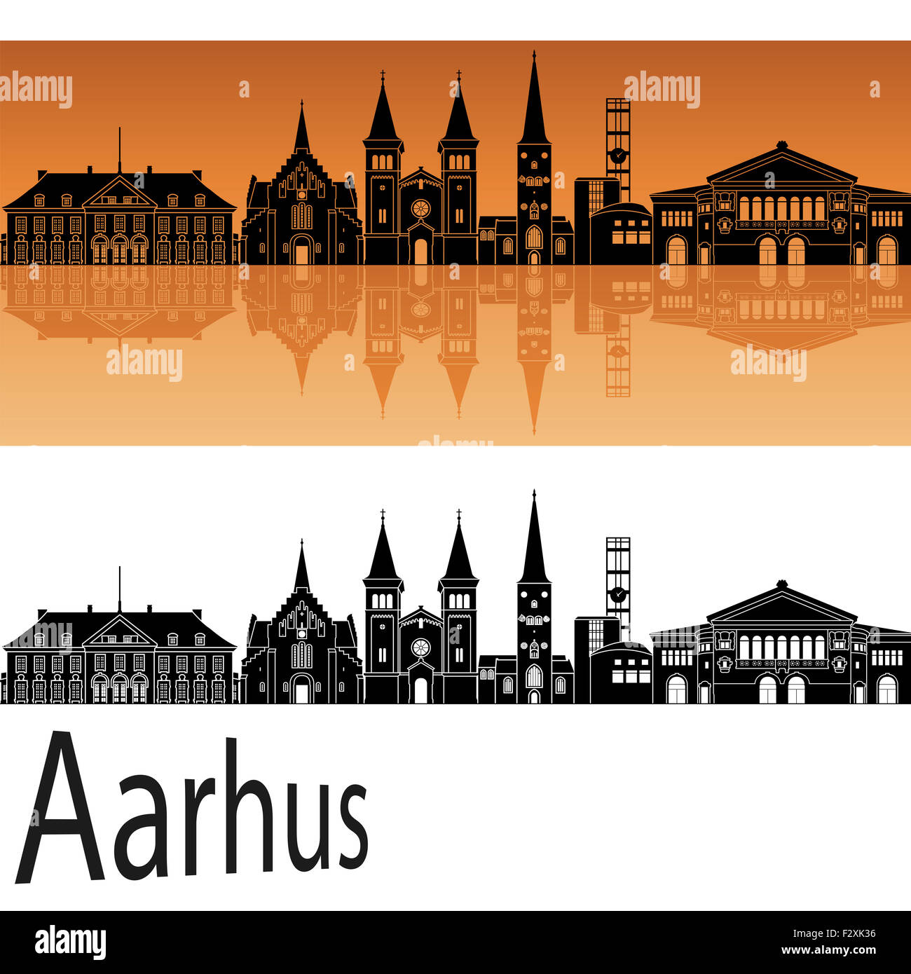 Aarhus skyline in orange background in editable vector file Stock Photo ...