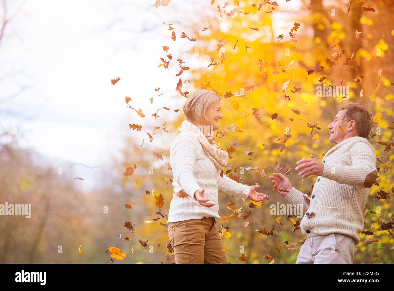 Active seniors having fun and playing with the leaves in autumn forest ...
