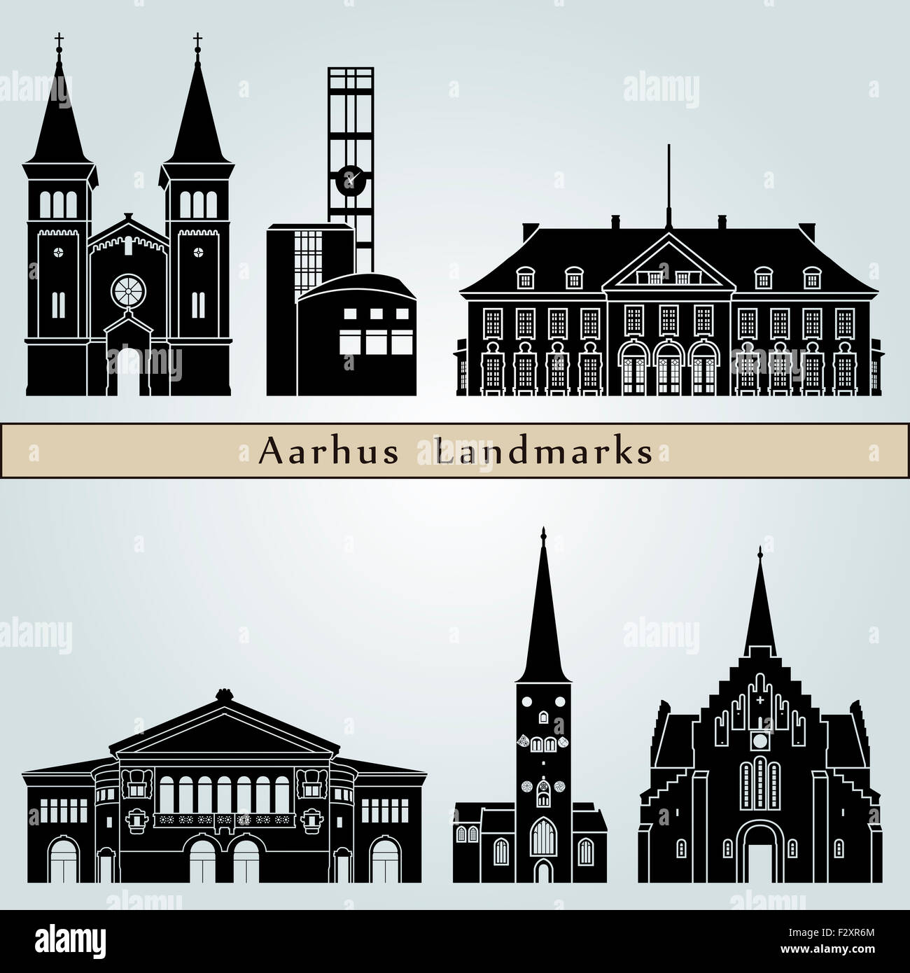 Aarhus landmarks and monuments isolated on blue background in editable ...