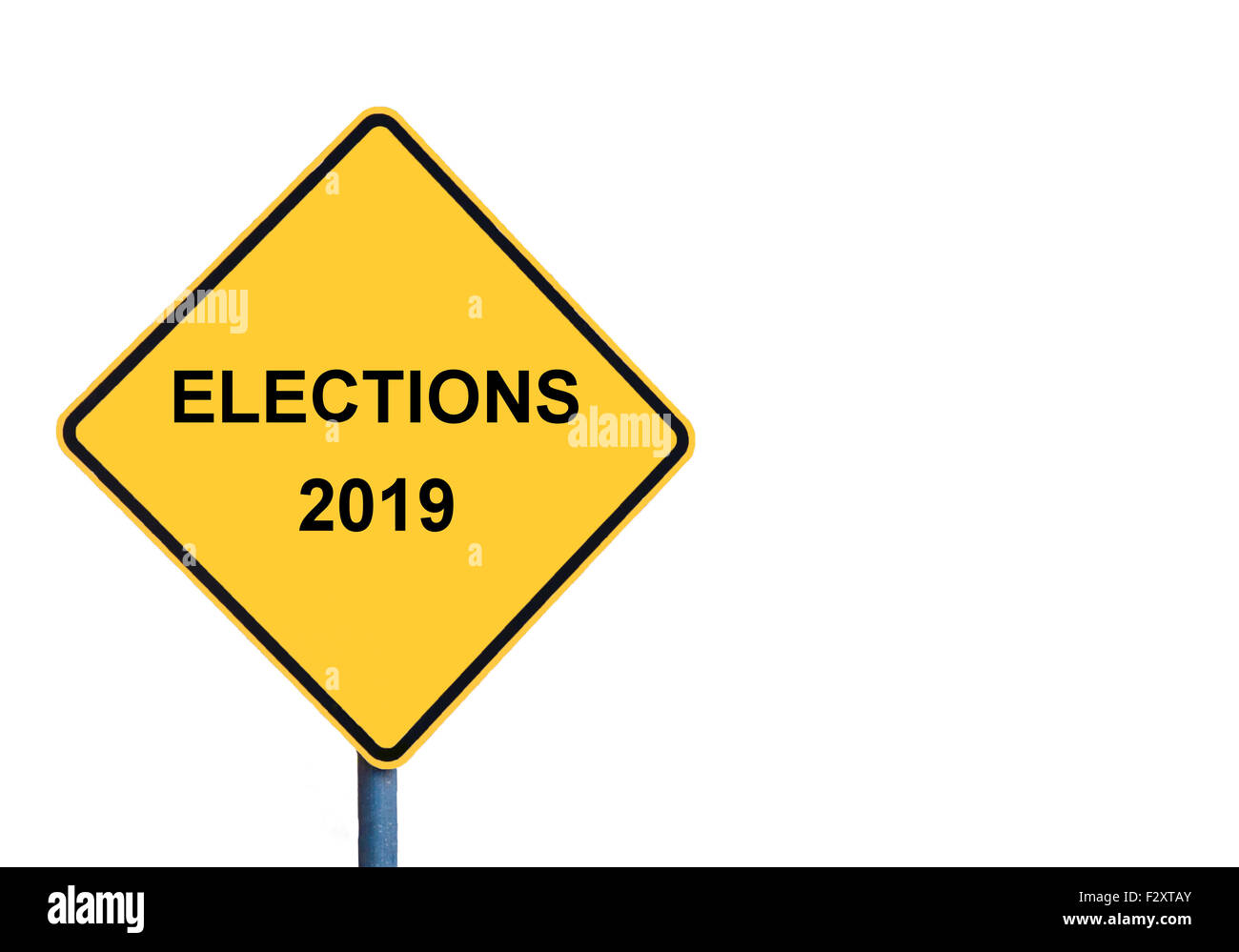 Yellow roadsign with ELECTIONS 2019 message isolated on white ...